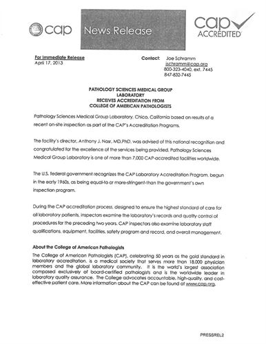 Pathology Sciences Medical Group - Accreditation